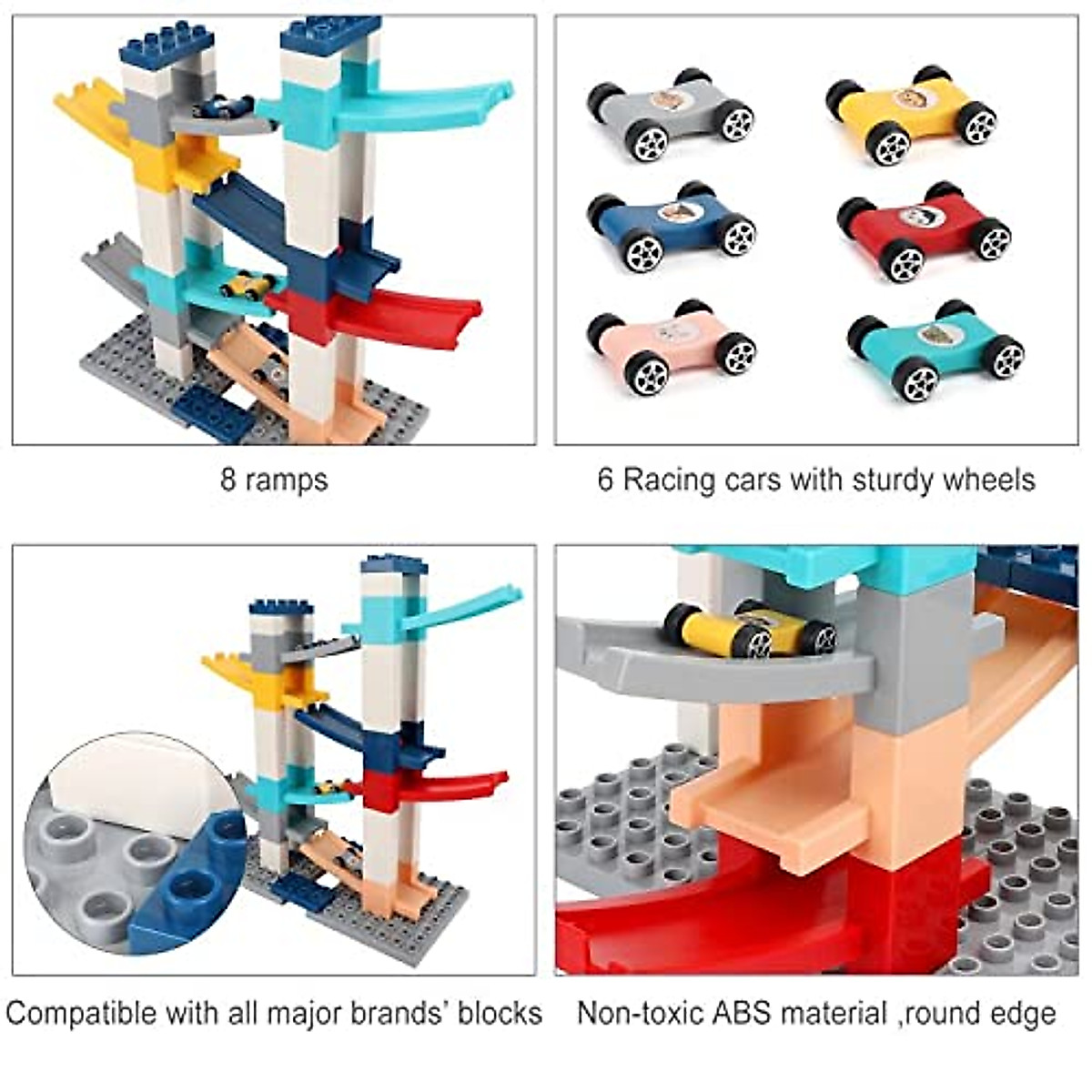 Aomola Car Ramp Toy with Classic Big Building Blocks,Creative DIY Building Bricks Compatible with All Major Brands,Car Ramp Racer for Toddlers with 6 Mini Cars,Storage Box & Base Plate
