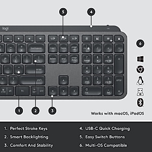 Logitech MX Keys Wireless Illuminated Keyboard, Quiet Perfect-Stroke Keys, Logi Bolt Technology, Bluetooth, Rechargeable, Globally Certified, Windows/Mac/Chrome/Linux - Graphite