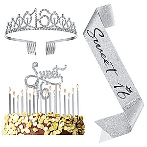 Canlierr 24 Pieces Sweet 16 Birthday Decorations for Girls Cake Toppers Candles 16th Crown Tiara Sash Sixteen Gifts Party Favor Supplies (Silver) (UA1152)