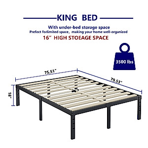 ZIYOO King Size Bed Frame 18 Inch Tall 3 Inches Wide Wood Slats with 3500 Pounds Support, No Box Spring Needed for Foam Mattress, Underbed Storage Space, Easy Assembly, Noise Free