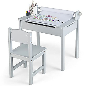 HONEY JOY Kids Table and Chair Set, Wooden Lift-Top Desk & Chair with Storage, Paper Roll Holder & Pen Slot, Activity Table Set for Craft Art, Children Furniture Set for Daycare, Playroom (Gray)