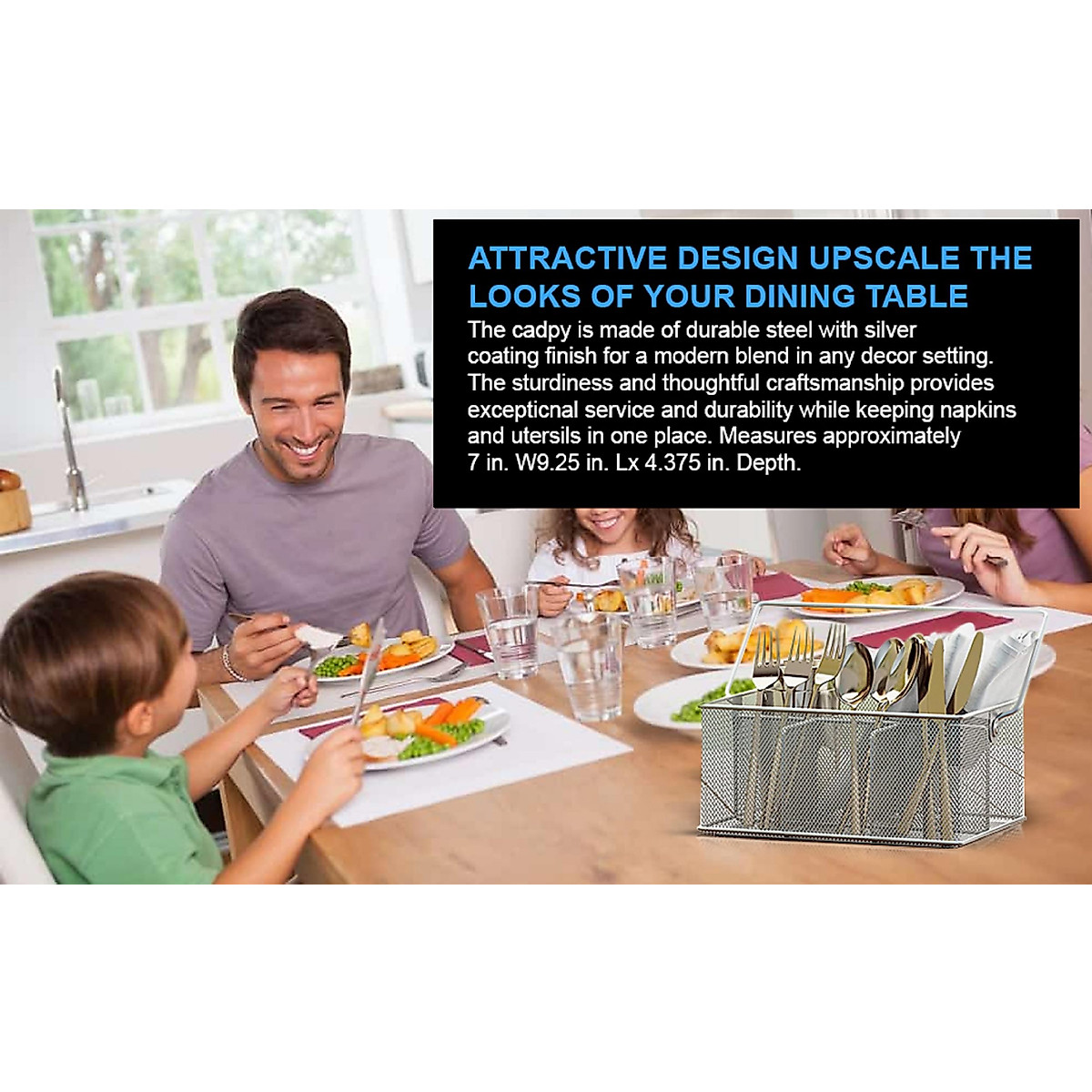 YBM HOME Mesh Basket Utensil Holder & Picnic Silverware Caddy Organizer with Four Compartments and Napkin Storage, Black