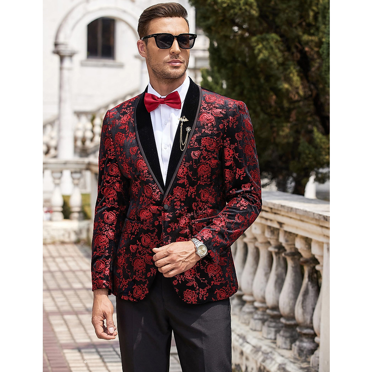 COOFANDY Mens Floral Tuxedo Jacket Regular Fit Velvet Blazer Red Wedding Party Prom Suits Jacket