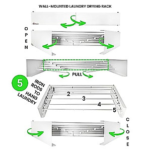 LEBENSART Laundry Drying Rack, Stainless Steel Collapsible Wall Mounted Space Saving Clothes Drying Rack, Indoor and Outdoor Foldable Drying Rack, 40lbs-14Ft Drying Capacity,27,5" (White)