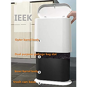 IEEK Slim Plastic Trash Can with Press Top Lid,2.4 Gallon/10 Liter Garbage Can Modern Waste Basket for Bathroom,Living Room,Office,Kitchen and Narrow Spaces,Grey