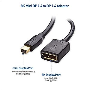 Cable Matters 8K Mini DisplayPort to DisplayPort 1.4 Adapter (Mini DP to DP 1.4) in Black - 8K@60Hz, 4K@120Hz Resolution Ready - Thunderbolt and Thunderbolt 2 Port Compatible