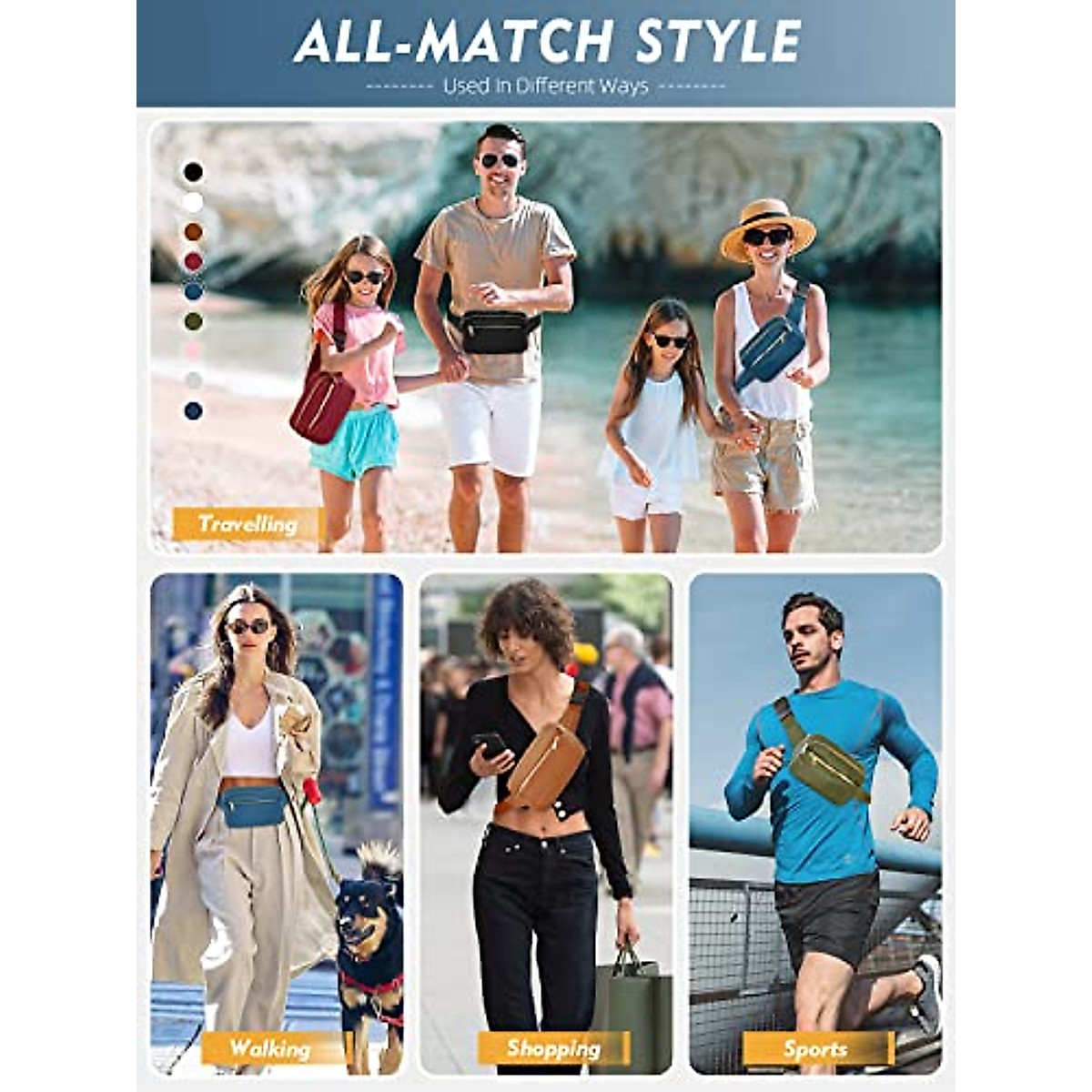 FIORETTO Fanny Packs for Women Men Fashion Crossbody Belt Bag with 3 Zipped Pocket Adjustable Small Waist Pouch Bum Bag for Dog Walking Running Hiking Travel Workout Peacock Blue