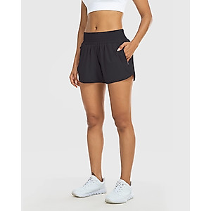 YEZII Athletic Shorts for Women with Pockets High Waist Running Workout Shorts Gym Yoga White Summer Shorts Black-L