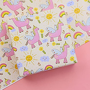 Magic Flying Unicorn Over Rainbow Flower Sunshine Dreams On Pink Wrapping Paper Sheets, Fantasy Horse With Wings and Horn Gift Wrap for Birthday Wedding Bridal Baby Shower Girl Kids, 4 Sheets Folded Flat 20x28 inches per sheet, 15 sq. ft. ttl.