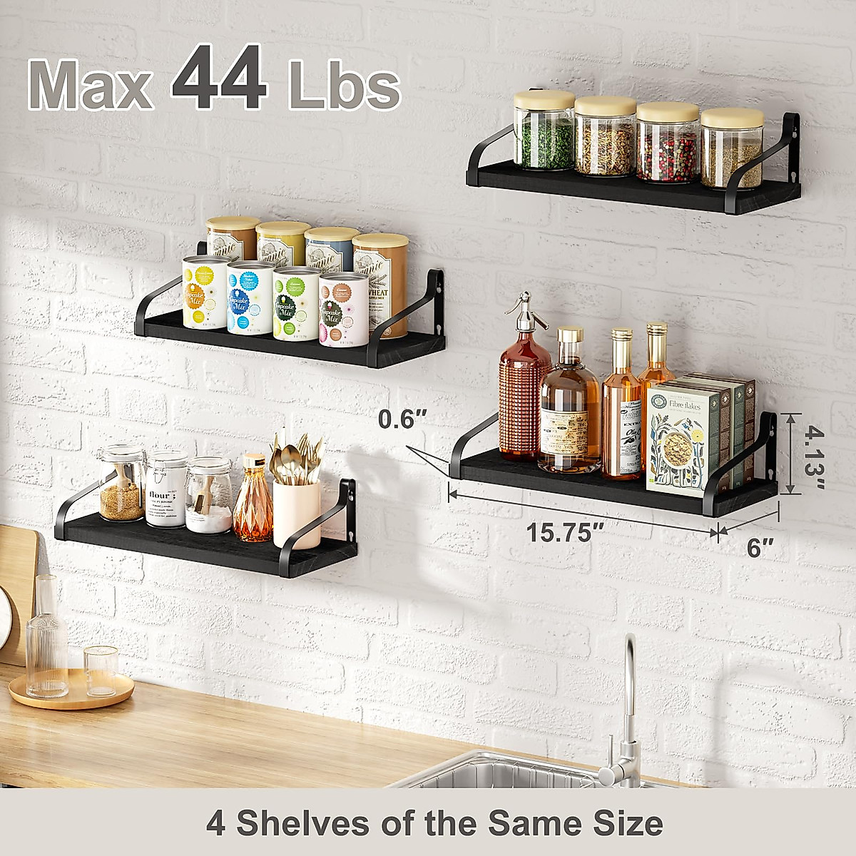 Love-KANKEI Black Floating Shelves for Wall Set of 4, 15.7 Inch Wood Wall Shelves with Bracket, Rustic Hanging Shelves for Bathroom, Bedroom, Kitchen,Living Room, Office Display