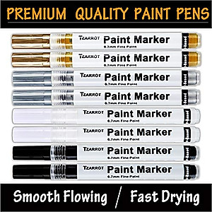 White Paint Pen, 8 Pack 0.7mm Acrylic Paint Pens with 2 White 2 Black 2 Gold 2 Silver Paint Pen Permanent Marker for Wood Rock Fabric Metal Plastic Ceramic Acrylic Paint Markers Extra Fine Tip