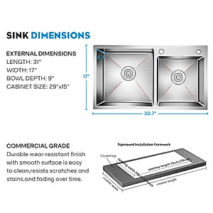 DuyviSteil T-304 Modern Nano-Coated Stainless Steel Kitchen Sink, Drop in & Topmount Double Bowl Sinks with Drainage Pipes and Fruit Baskets (30.7 x 16.9)