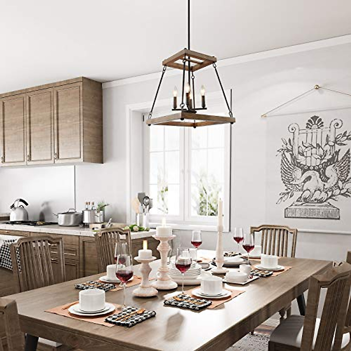 LALUZ Farmhouse Chandelier, Rustic Square 4 Light Fixture with Faux Wood Finish for Foyer, Dining & Living Room, Bedroom and Kitchen Island