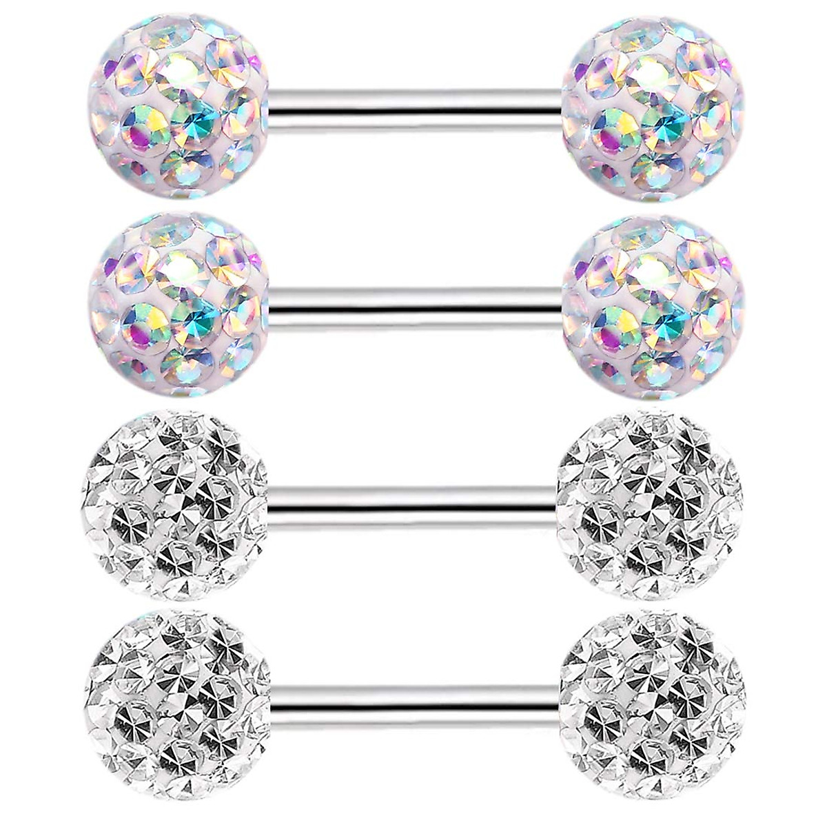 ZHIYAOR Never Fall out Crystal 14G Studs Nipple Rings Piercing Barbell Anti-allergy Surgical Steel Pairs (1pair AB,1pair White)