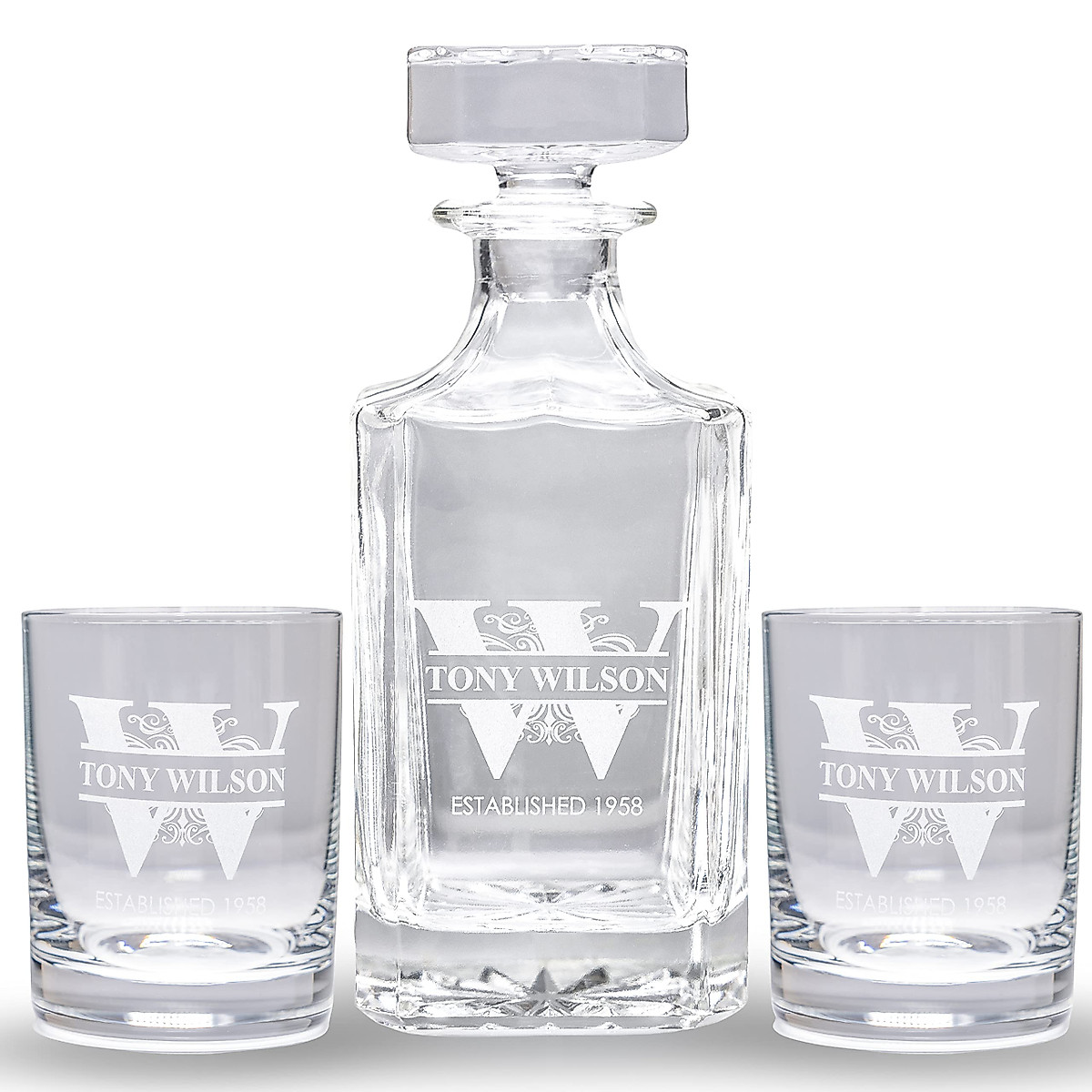 Personalized Whiskey Decanter Set – Engraved Glass Cups Drinking Glasses Set of 2 – Custom Whiskey Glasses Drinking Set – Whiskey Gifts for Men, Him, Wedding, Groomsman