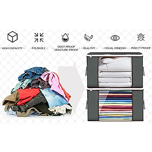 Clothing Organizer, 90L Extra Large Clothes Blanket Storage Bags,Thicker Fabric Closet Organizers and Storage(2 Pcs, 90L, Gray)