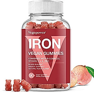 Vegan Iron Gummies Supplement - with Vitamin C, A, B-Complex, Folate, Zinc for Adults & Kids - Blood Builder & Energy Support for Iron Deficiency, Anemia, No After Taste - Peach Flavor (90 Ct)