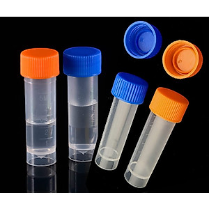 50 Pack 5ml Cryo Tubes，Plastic Graduated Vial Tube with Screw Caps,Small Test Sample Bottles Tubes Container with Lid，PP Material ，with Silica Gel Gasket (50) Bagged Blue and Orange