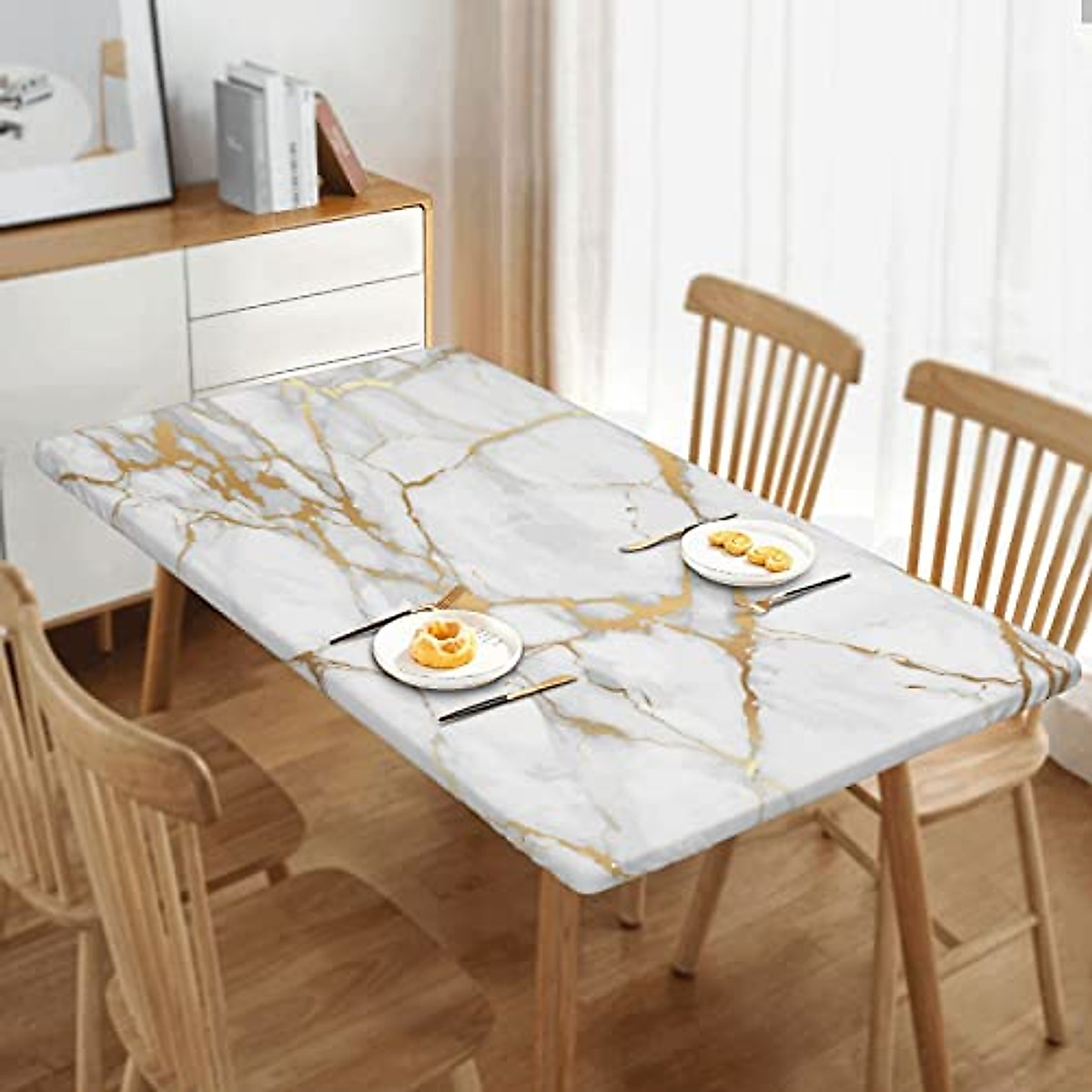 mutakin Marble White Rectangle Tablecloth Reusable Elastic Edge Table Cover Waterproof for Patio Dining Decoration 60" L X 30" W