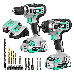 Litheli 20V Cordless Drill Combo Kit, 220 In-lbs Drill Driver and 1150 In-lbs Impact Driver with 2 x 2.0 Ah Batteries and 2 x 1H Fast Chargers, Pack of 2