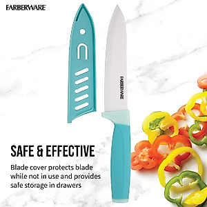 Farberware Ceramic Chef Knife with Custom-Fit Blade Cover, Razor-Sharp Kitchen Knife with Ergonomic, Soft-Grip Handle, Dishwasher-Safe, 6-inch, Aqua