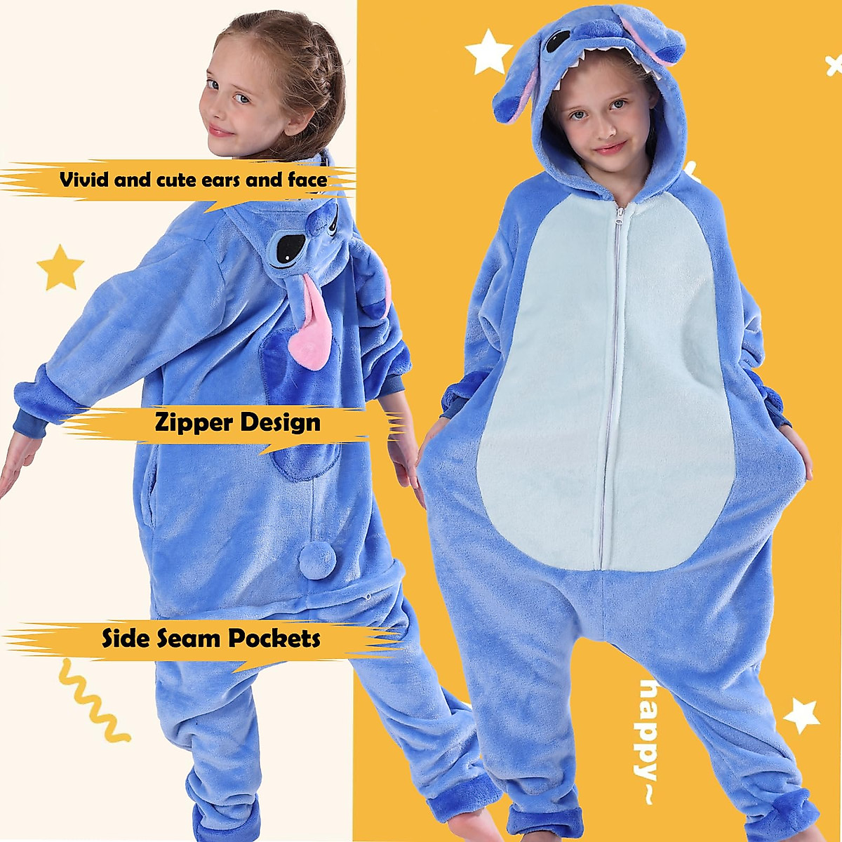 SWEETXIN Kids Unise Onesie Pajamas Plush One Piece Halloween Costume Cosplay Sleepwear for Girls Boys (8 Years,Blue Stitch)