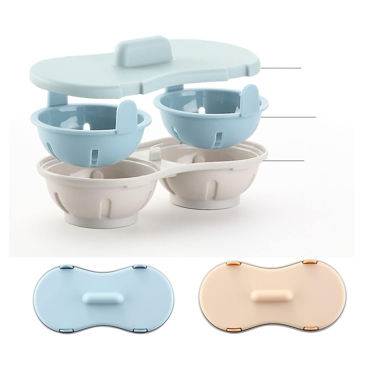 Microwave Egg Poacher, 2 Cavity Edible Silicone Drain Egg Boiler Set Double Egg Cups for Boiled Eggs Egg Maker Poached Egg Cooker Steamer Kitchen Cooking Gadget Tools(blue)