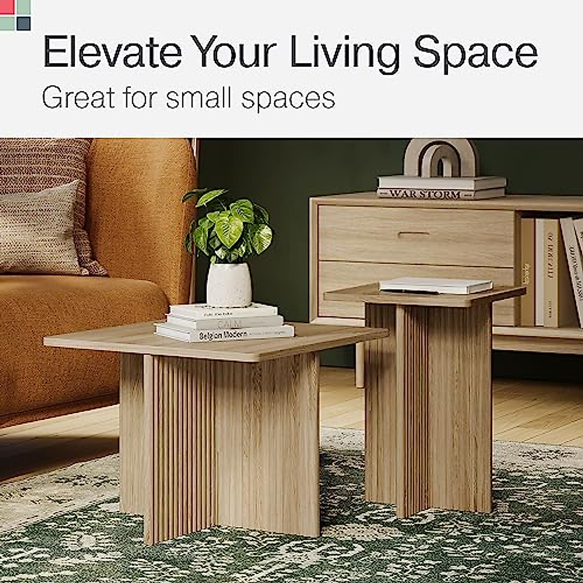 Square Fluted Nesting Coffee Table - 2 Piece Square Coffee Table Set - Living Room Furniture - Modern Home Decor - Solid Oak Base (Natural Oak)