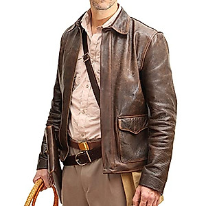 Gava Men's Raiders of The Lost Ark Indiana Jones Harrison Ford Brown Bomber Cow Leather Jacket (Brown, XS)
