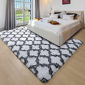 Unirea 8x10 Feet Luxury Shag Area Rug Modern Indoor Plush Fluffy Rugs, Super Soft and Fuzzy Carpet, Geometric Moroccan Rugs for Bedroom Living Room Girls Kids Nursery, Grey/White