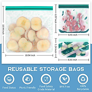 Silicone Storage Bag - Dishwasher Safe Reusable Silicone Bags for Leakproof Storage, Lunch, Marinating, and Travel. BPA Free. 10PCS (4 Gallon 4 Sandwich 2 Snack Bags)