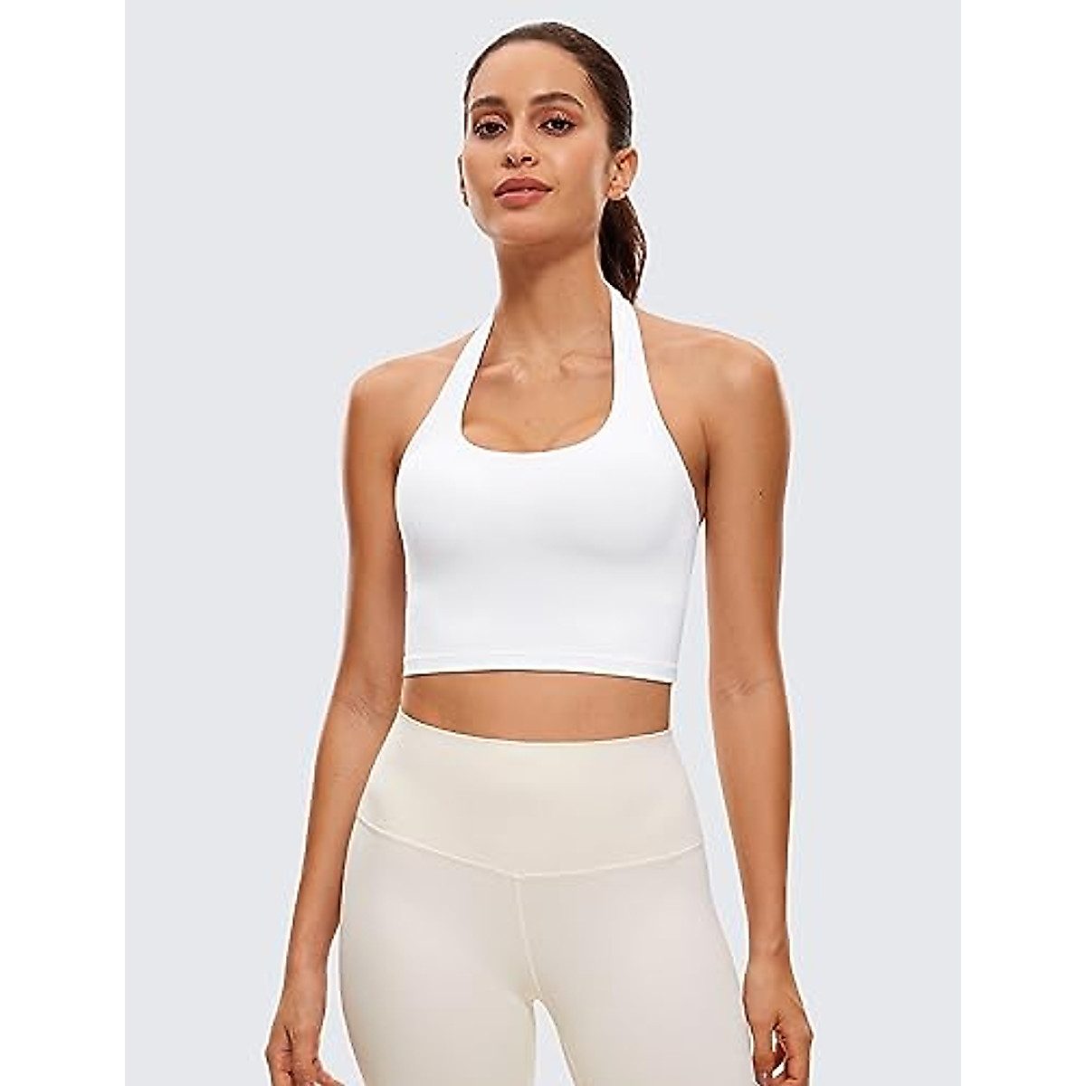 CRZ YOGA Womens Butterluxe Halter Longline Sports Bra - Padded Workout Yoga Crop Tank Tops with Built in Shelf Bra White Small