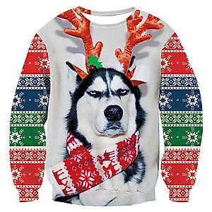 RAISEVERN Ugly Christmas Sweater for Men Women Funny Xmas Dog Husky Scarf Sweatshirt Holiday Festive Long Sleeve Winter Reindeer Pullover Top
