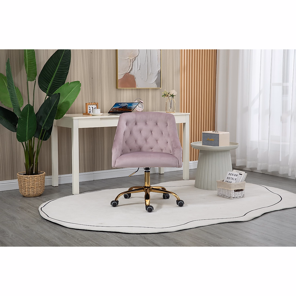 ZOBIDO Comfy Home Office Task Chair with Wheels, Cute Modern Upholstered Velvet Seashell Back Adjustable Swivel Vanity Desk Chair, for Women, for Girls, Living Room, Bedroom(Lilac Purple)