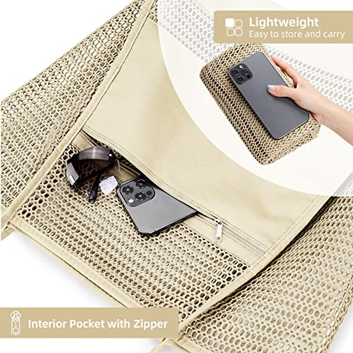 KALIDI Beach Mesh Tote Bag, Casual Tote Bag Hobo Women Foldable MAX 23L Shoulder Bag For Beach Picnic Vacation