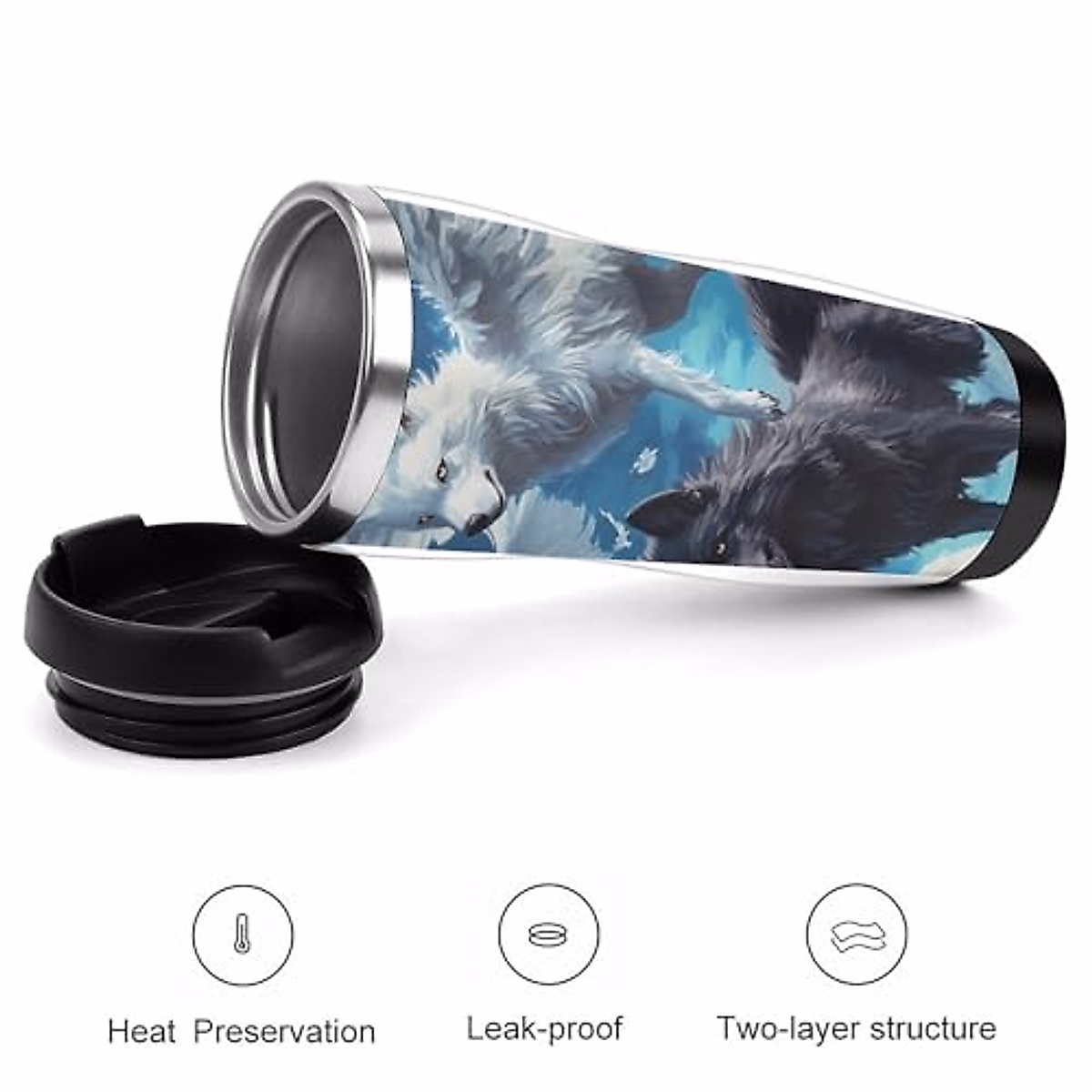 Wolf with Wings Under Moon Travel Coffee Mug Reusable Insulated Drinking Cup with Lid for Home Outdoor Works 13 Oz