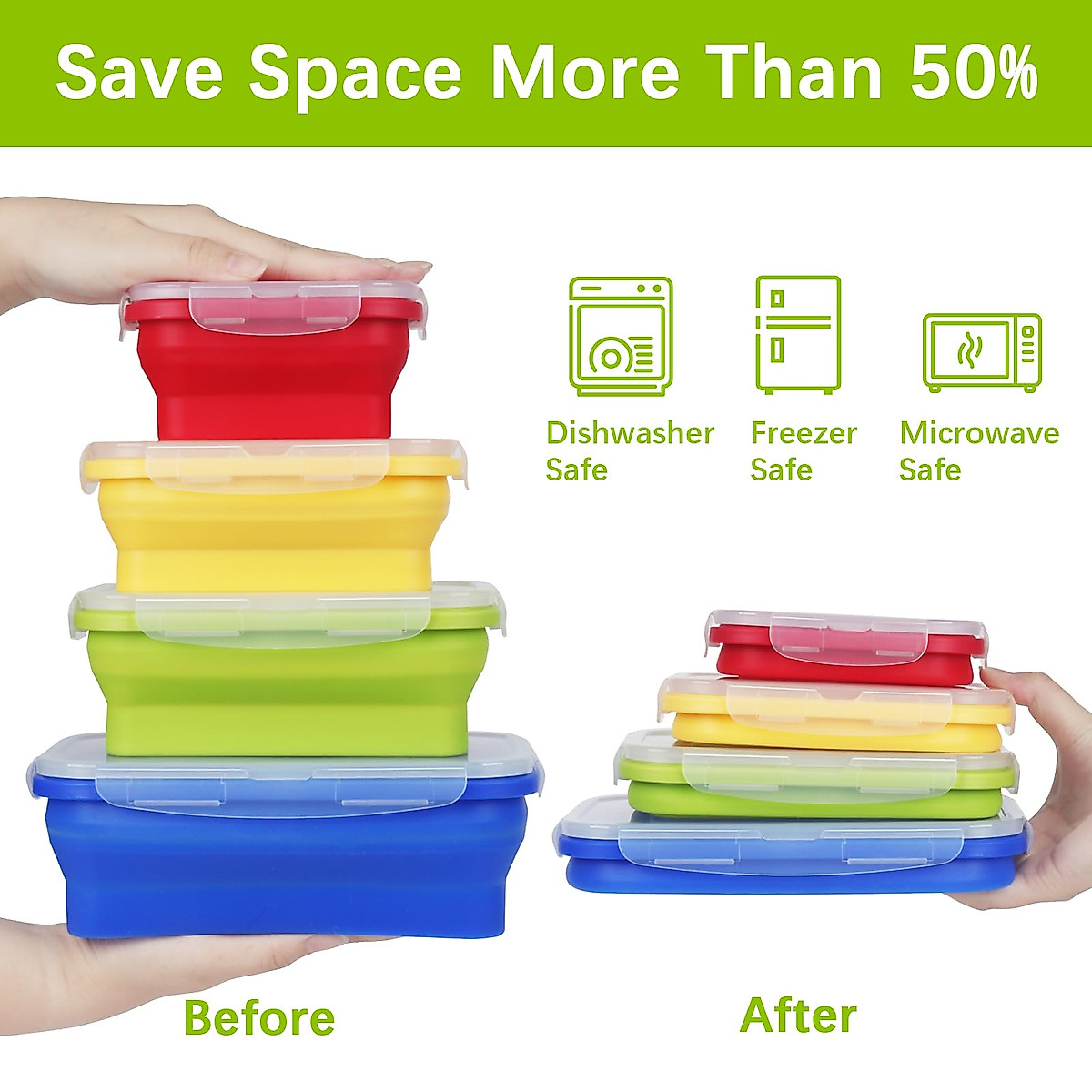 NATUREKIT 4 Collapsible Silicone Food Storage Containers,Kitchen Stackable Leftover Bento Lunch Meal Box with Plastic Airtight Lids, Leak-proof Camping Food Storage，Microwave Dishwasher Freezer Safe