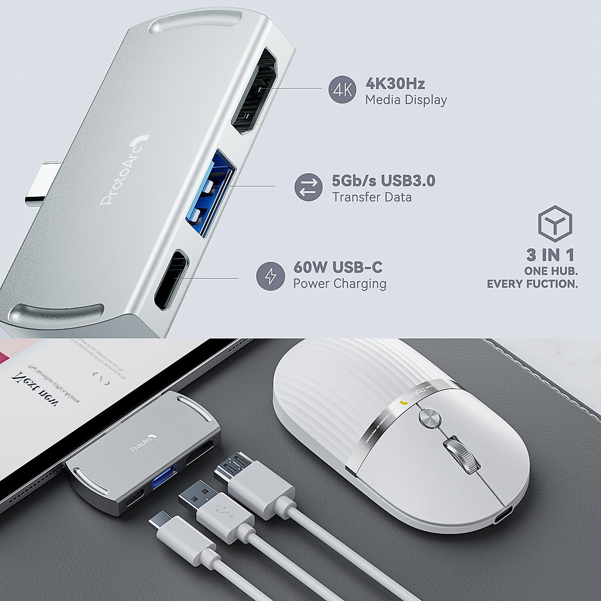 ProtoArc USB C Wireless Bluetooth Mouse, Multi-Device HubMouse with Type C Hub Portable Silent Rechargeable Computer Laptop Mouse for ipad, PC, Tablet, MacBook, Surface Pro-Silver