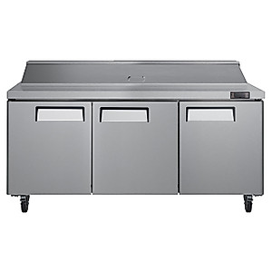 Quantum Commercial Grade Mega Top Sandwich/Salad Prep Table | Stainless Steel | 3 Doors | Insulated Lid | Cutting Board Included | (30) 1/6 Size Pans Included | 72.7” W x 34” D x 46.5” H