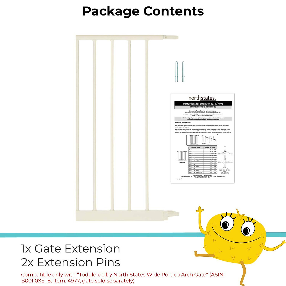 Toddleroo by North States 5 Bar Extension for Wide Portico Arch Baby Gate: Adjust your gate to fit your space - up to 60.5” wide with extension. No tools required. (Adds 13.42" width, Warm White)