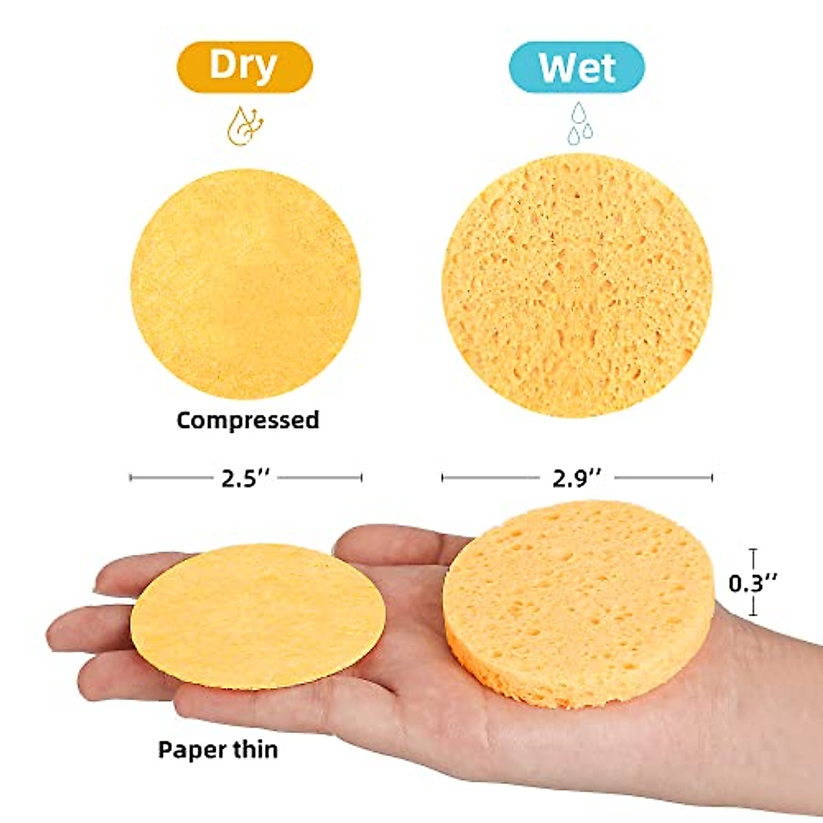 60-Count Compressed Facial Sponges|100% Natural Kickleen Cellulose Cosmetic Spa Sponges for Daily Facial Cleansing|Makeup and Mask Removal | Exfoliating | Skin Massage | Pore Exfoliation (Yellow)