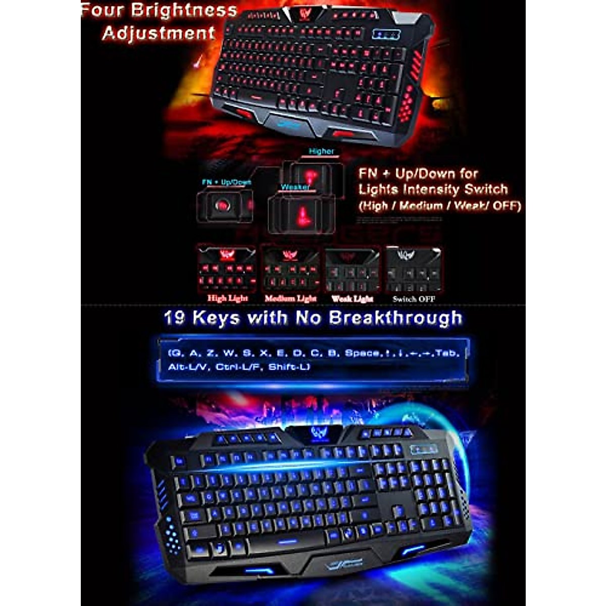 Tri-Color Backlit Gaming Keyboard USB Wired Floating Keyboard, Powered Full N-Key Game Keyboard, Quiet Ergonomic Water-Resistant Mechanical Feeling Keyboard,for Desktop, Computer, PC（Black）