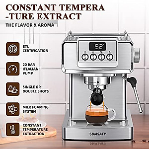 SUMSATY Espresso Machine, Espresso Machine with Milk Frother, Fast Heating Automatic, Latte and Cappuccino Machine, 20 Bar Espresso Maker, Stainless Steel, 1.8L Water Tank