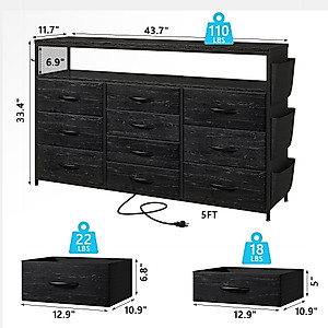EnHomee 10 Drawer Dresser for Bedroom with Wood Open Shelves，55" TV Stand for Bedroom with Power Outlets and LED Lights，Fabric Dressers & Chest of Drawers with Side Pocket，Living Room，Closet，Black