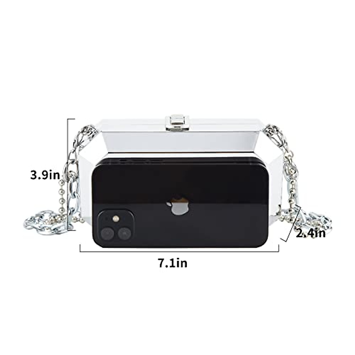 GripIt Mirror Acrylic Bag Box Small Silver Clutch Purses for Women Evening Handbag Crossbody Purses with Chains Party Bag