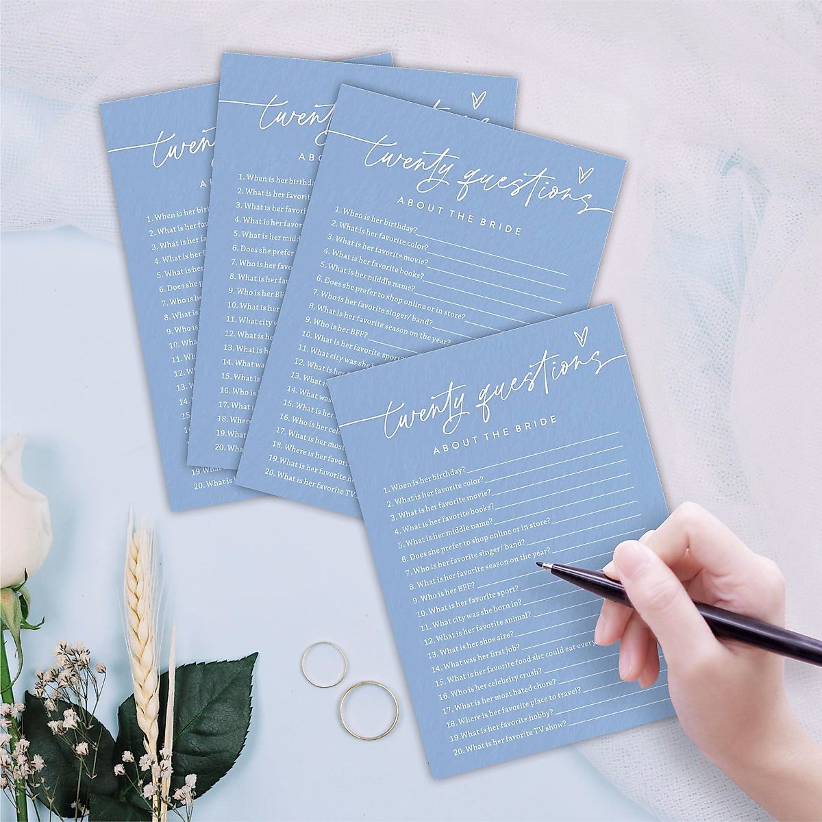 Nuckxy Bridal Shower Game Cards - Twenty Questions about The Bride - 30 Pcs Blue Minimalism Wedding Game Cards, Engagement Party Game, Modern Bridal Shower Party Favor & Decorations - B05