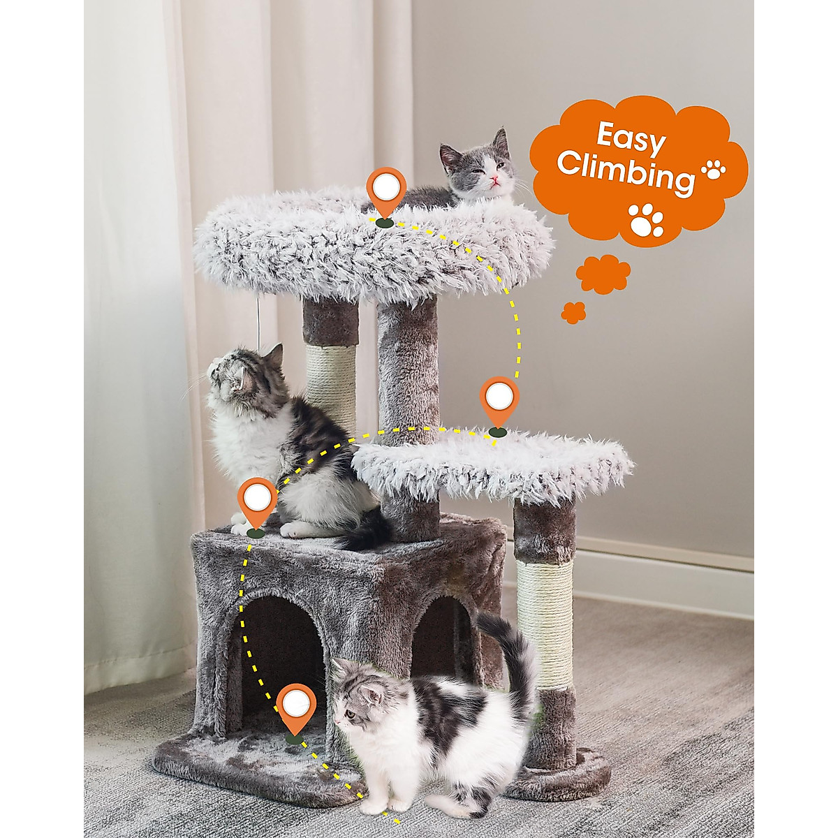 Cat Tree-Cat Tower Multi-Level Interactive 26.8 Inch Small Cat Tree Tower with Scratching Post for Climbing, Resting, and Claw Sharpening Sturdy Cat Furniture-White & Gray