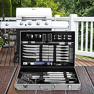30 Piece BBQ Grilling Gift Set - Professional Grade Stainless Steel Barbecue Grill Tool Set with Aluminum Storage Case - Includes 4-in-1 Spatula Turner, Tongs and Many Other BBQ Grilling Accessories