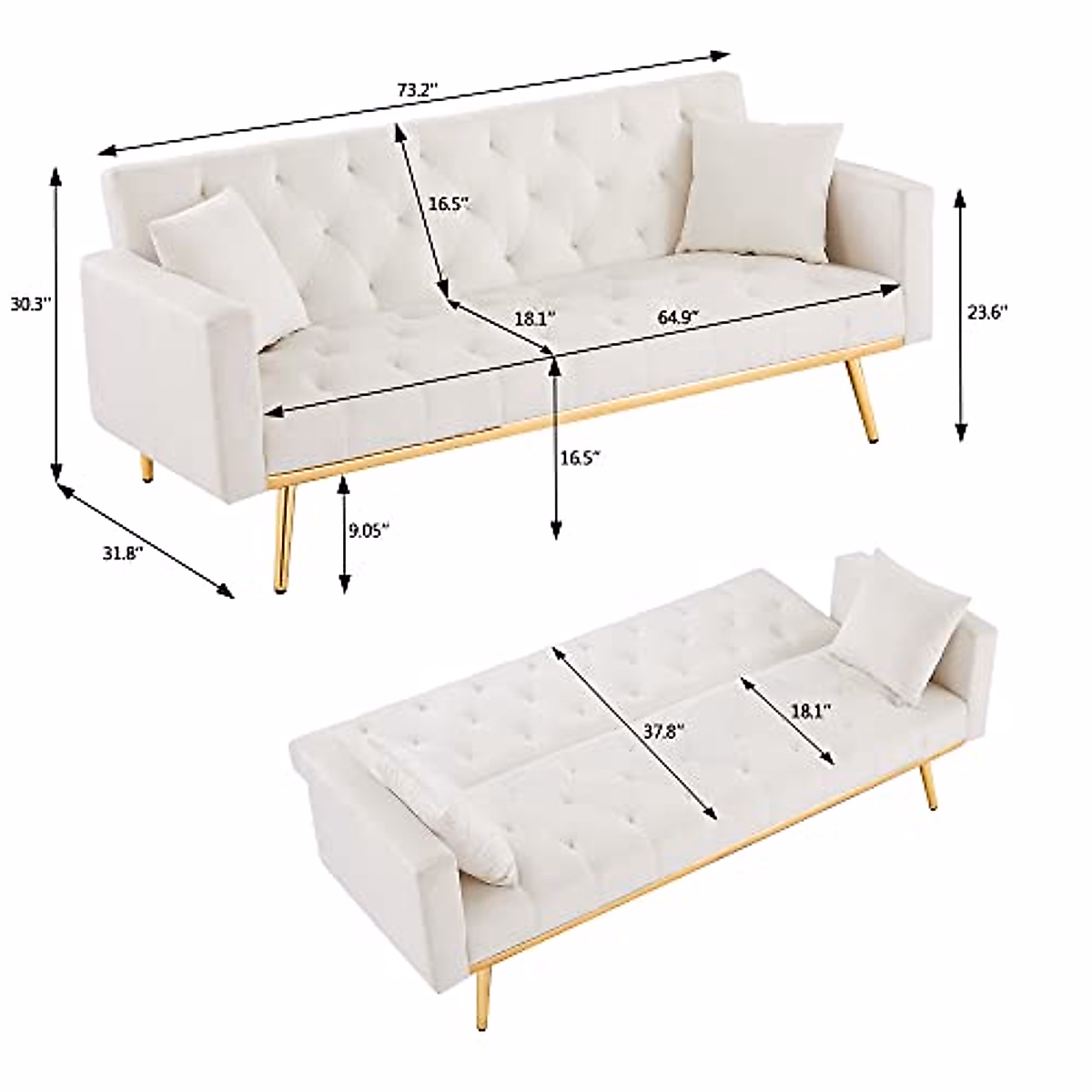 Tmosi Velvet 73'' Convertible Folding Futon Sofa Bed with Removable Armrests for Compact Living Space,Twin Size Loveseat Sofabed with 3 Adjustable Backrests for Bedroom (White)