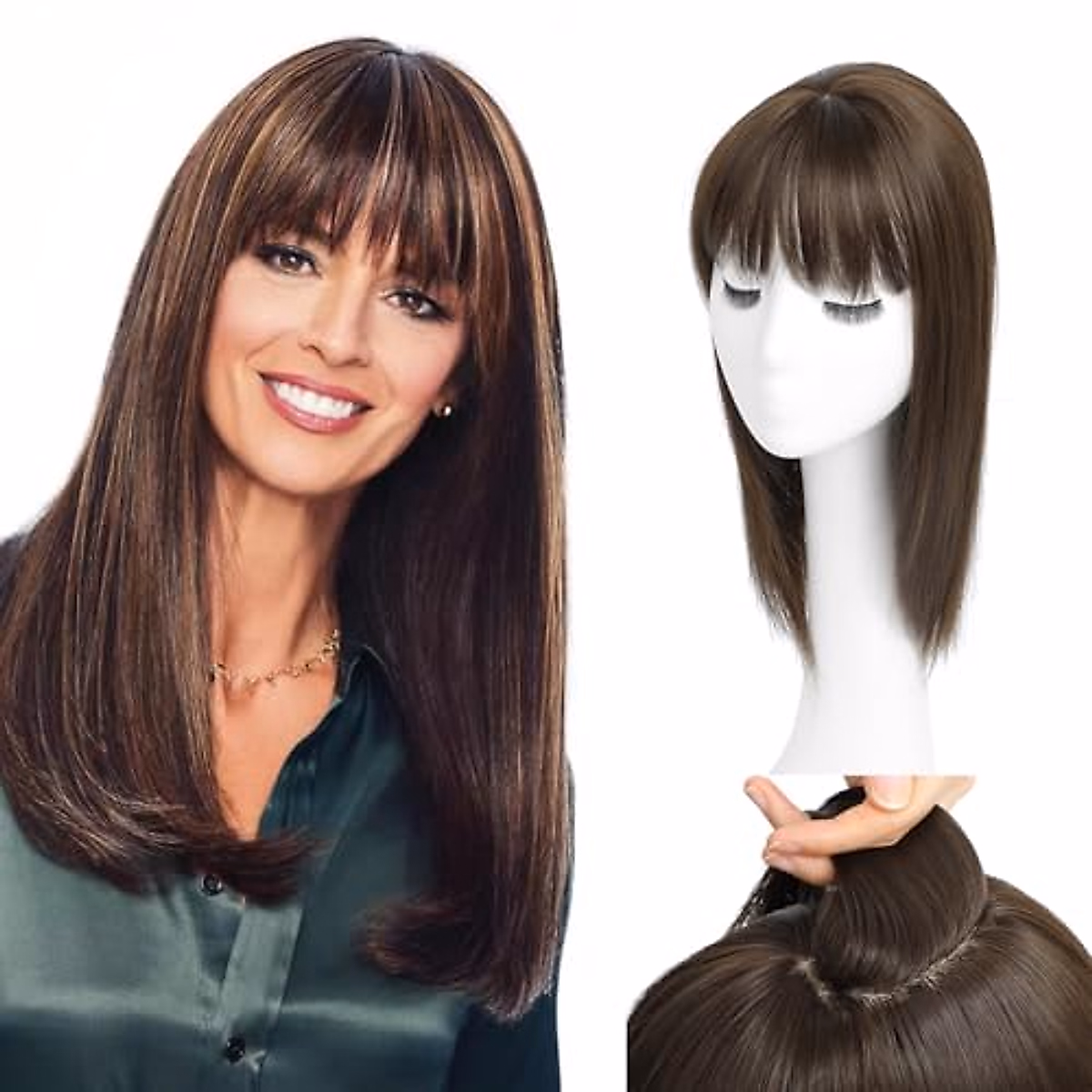 Aimeolyn 16 Inch Large Hair Base toppers for Women,Hair Toppers for women With Bangs 8x8inch,5 Clips Real Human Hair Toppers for thinng Hair